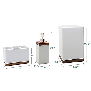 Zenna Home 3-Piece Bathroom Accessory Set: Vanity Organizer, Lotion or Soap Dispenser, and Waste Basket,White with Maple Trim, Brentwood Bath Accessories