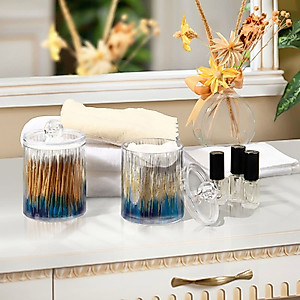 xigua 2 Pack Gold & Blue Apothecary Jars with Lid, Qtip Holder Storage Jars for Cotton Ball, Cotton Swab, Cotton Round Pads, Clear Plastic Canisters for Bathroom Vanity Organization (10 Oz)
