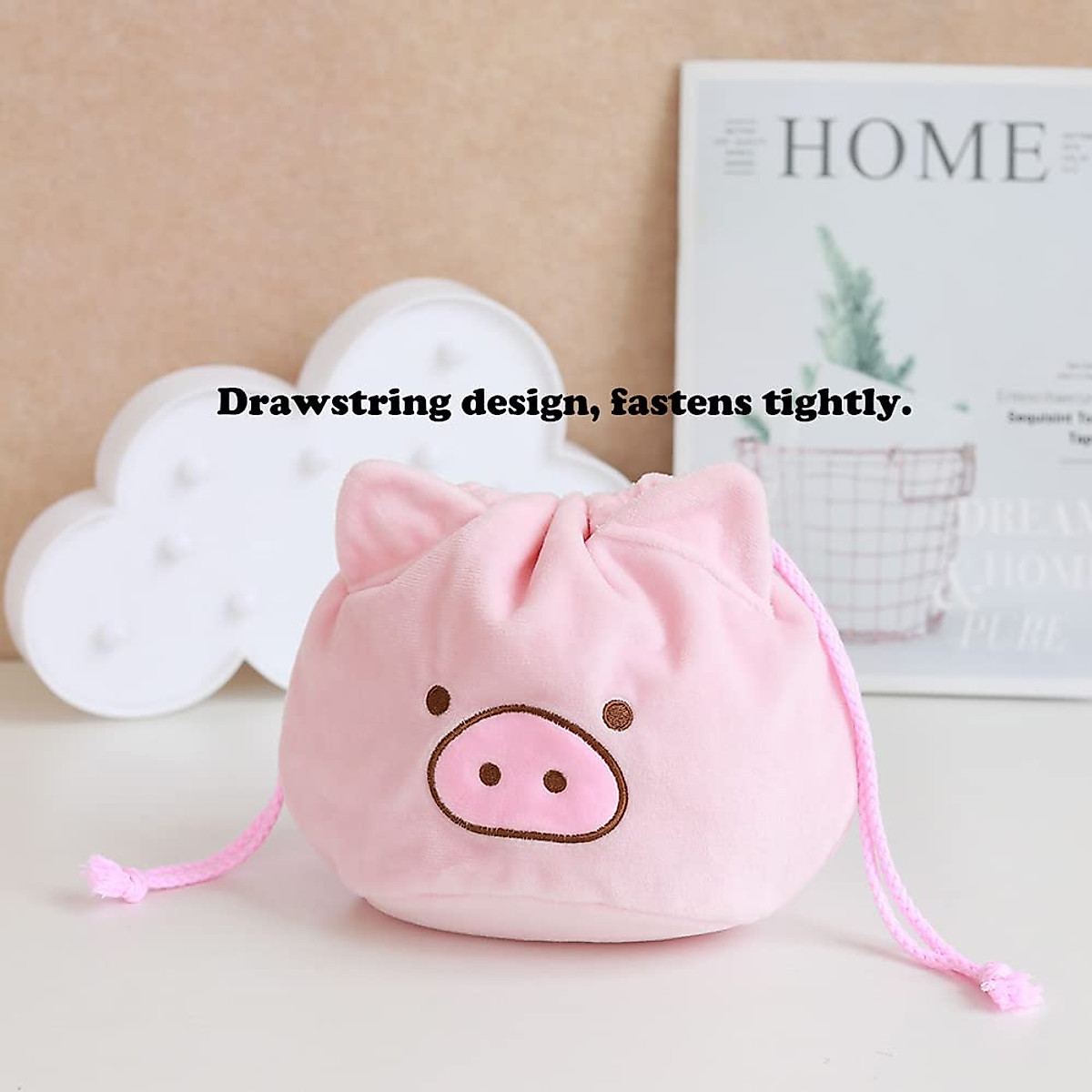 AKOAK 1 Pack Cute Fluffy Piglet Makeup Bag, Drawstring Tote Bag, Portable Travel Makeup Bag Storage Organizer