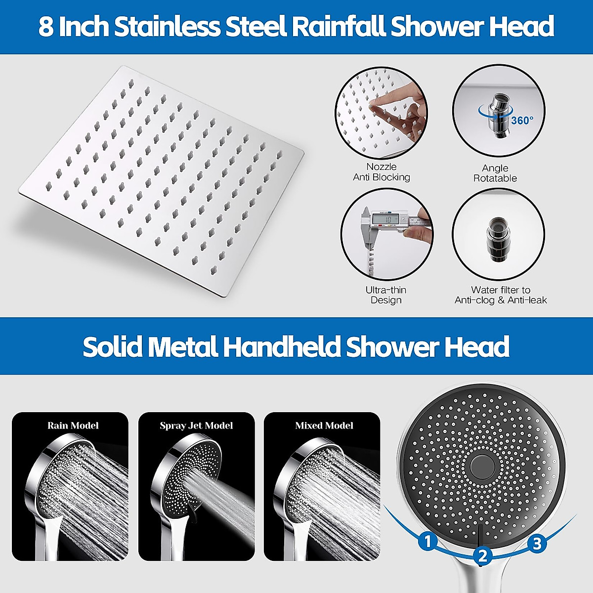 Shower Head,8”Rain Shower Head with Handheld Spray Combo with 11'' Angle Adjustable Extension Arm/Flow Regulator/Shower System,High Pressure Rainfall Shower Head Clean Bathroom,Chrome