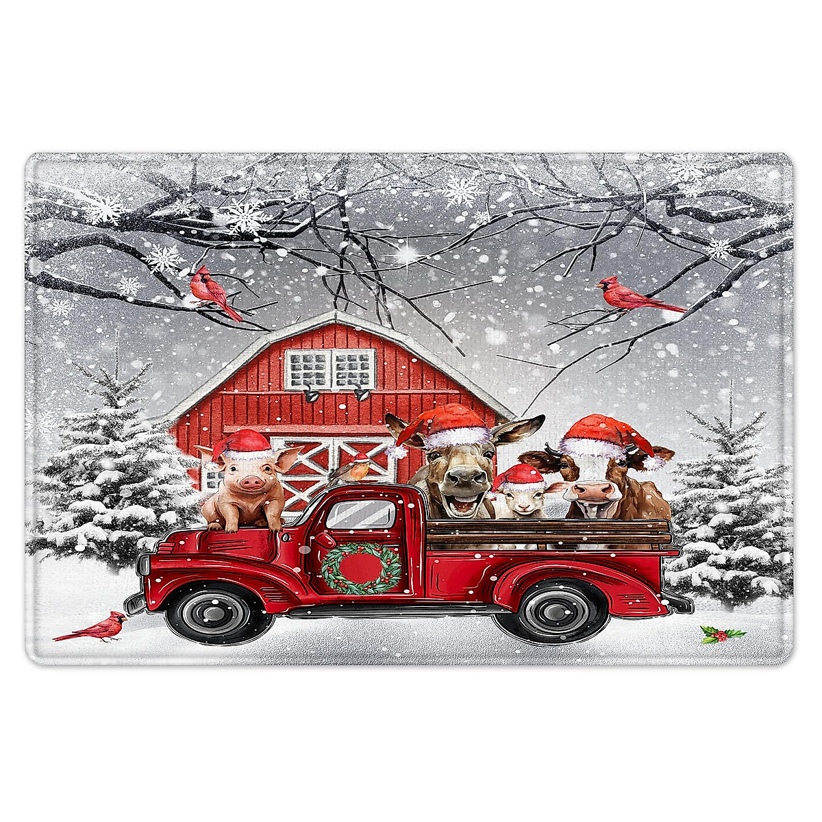 LB Rustic Christmas Bath Mat Pig Donkey Cow on Red Farmhouse Truck Area Rug for Bathroom White Snow Grey Winter Doormat Non Slip Memory Foam Super Absorbent Floor Mats,24Wx16H Inch