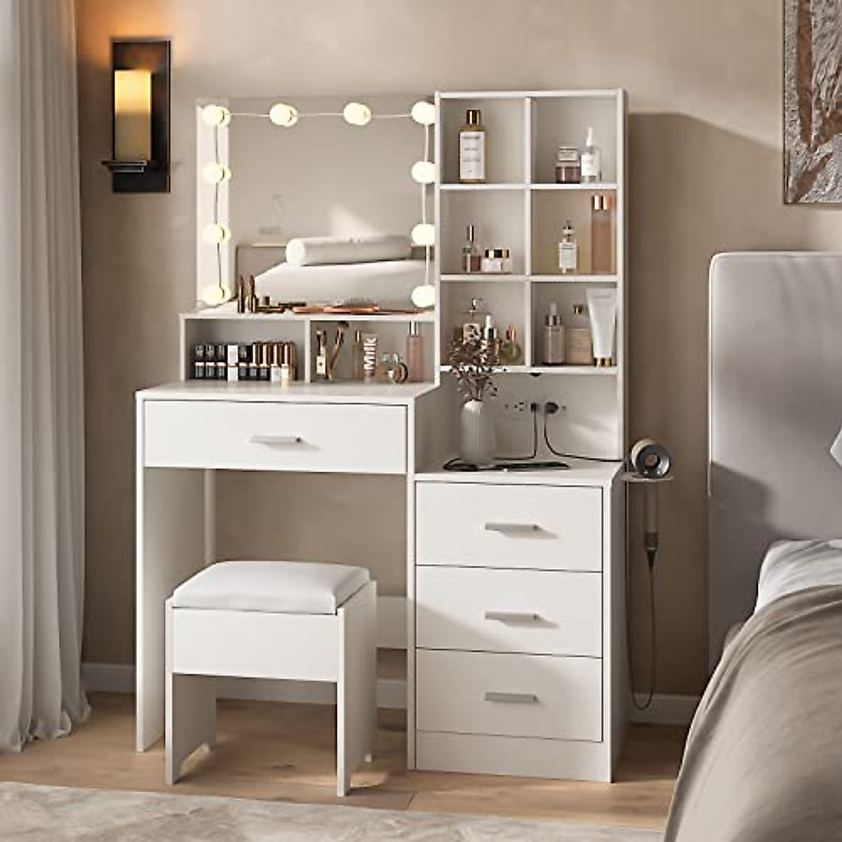Vabches White Vanity Desk with Mirror and Lights, Makeup Vanity Table with Charging Station, 3 Lighting Modes Brightness Adjustable, 4 Drawers, 8 Shelves, Vanity Set, 38.7in(L)