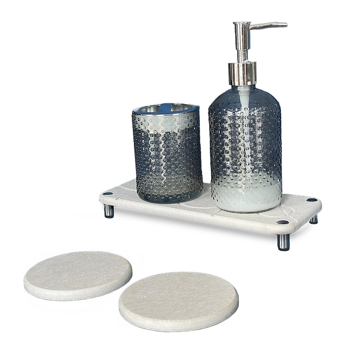 NESTLUXX 3pc Instant Dry Stone Sink Caddy Set - Diatomaceous Earth Material Tray and 2 Coasters, Instant Dry Kitchen Sponge Soap Holder, Water Absorbing, Modern Minimalist Design