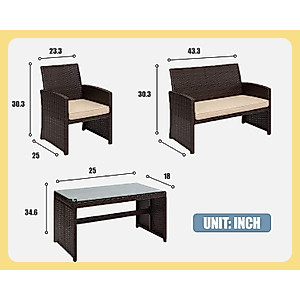 FDW Outdoor Patio Furniture Sets,4 Pieces Rattan Chair Sets Wicker Conversation Sets Lawn Chairs Porch Poolside Balcony Garden Outdoor Furniture,Brown