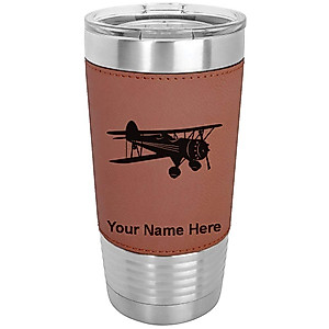 LaserGram 20oz Vacuum Insulated Tumbler Mug, Biplane, Personalized Engraving Included (Faux Leather, Dark Brown)