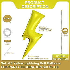 6 Pcs Lightning Balloons Giant 45 Inch Yellow Lightning Flash Balloons Lightning Bolt Shape Foil Balloons for Birthday Party Wedding Baby Shower Decoration Supplies