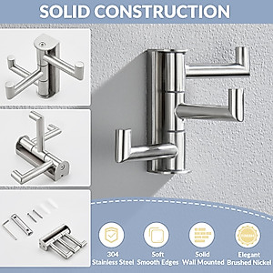 APLusee Brushed Nickel Swivel Towel Hook, 304 Stainless Steel Foldable Clothes Hook with Three Rotating Arm, Flexible Bathroom Kitchen Storage Hanger, Wall Mounted