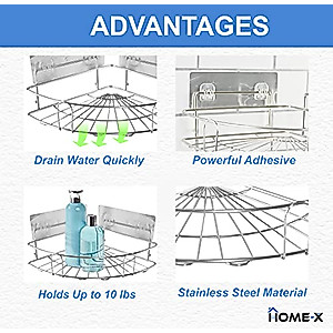 Home-X Stainless-Steel Corner Shelves for Shower Wall, in-Shower Organizer, Adhesive Shower Corner Shelves, Set of 2, 8 ¾” L x 8 ¾” W x 3 ¼” H, Stainless Steel
