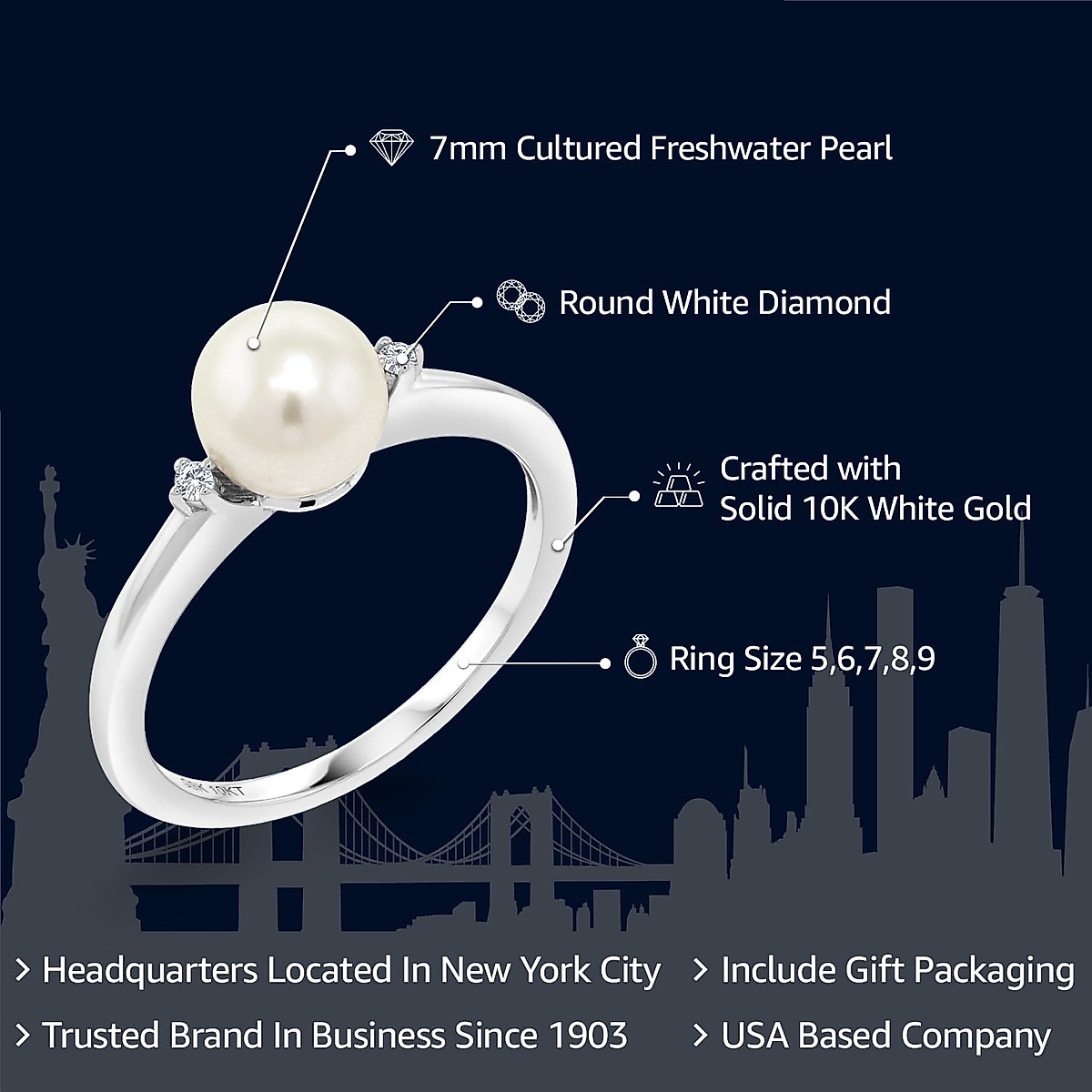 Gem Stone King 10K White Gold 7MM Cultured Freshwater Pearl and White Diamond Engagement Ring | Gold Ring For Women | Available In Size 5, 6, 7, 8, 9