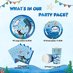 WERNNSAI Shark Party Supplies Set - 64PCS Ocean Shark Birthday Party Paper Plates Cups Napkins Tableware for Boys Kids Baby Shower Blue Shark Summer Pool Party Decor