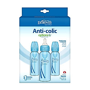 Dr. Brown’s Natural Flow® Anti-Colic Options+™ Narrow Baby Bottles 8 oz/250 mL, with Level 1 Slow Flow Nipple, 3 Pack, 0m+ Blue