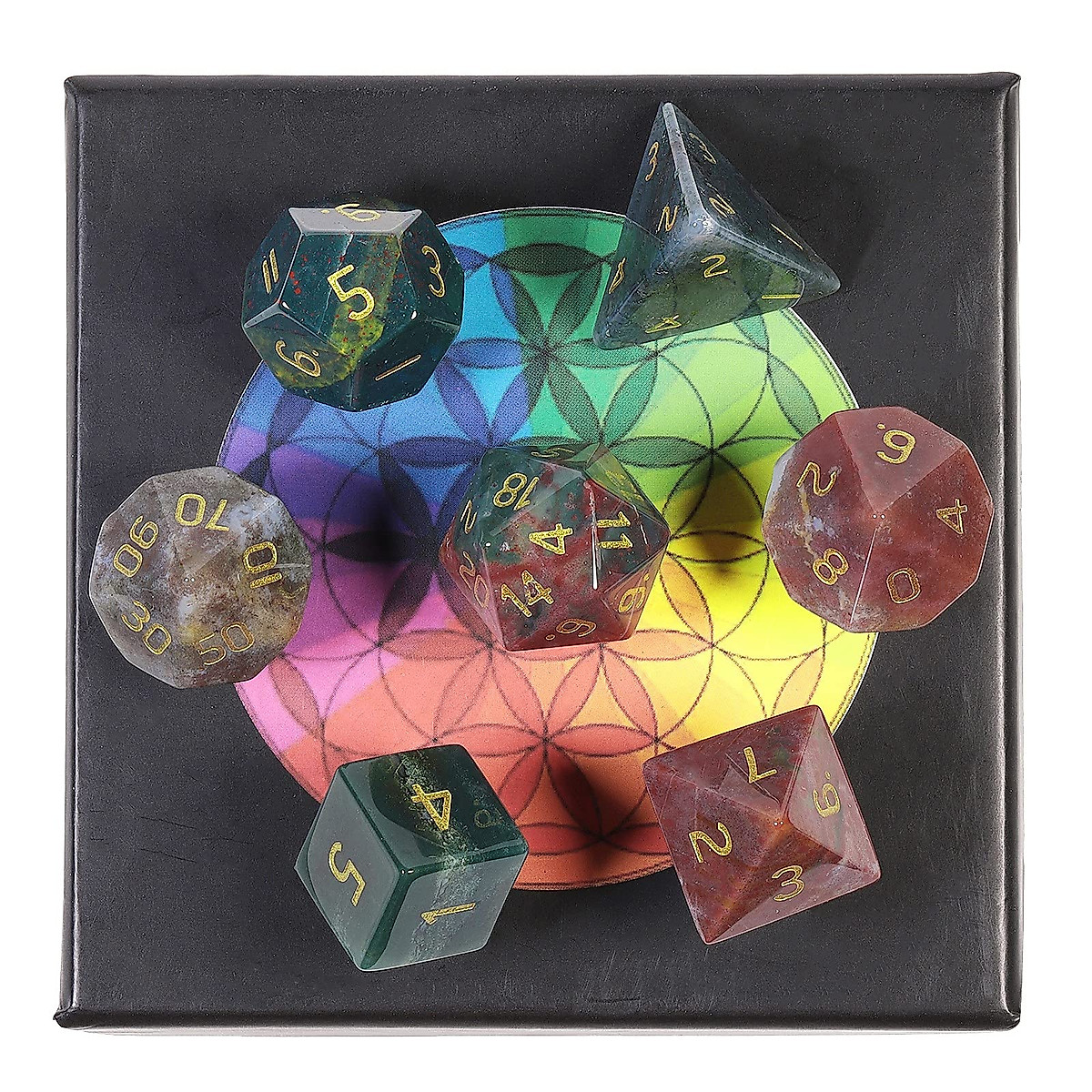 Yatming Set of 7 Healing Crystal Polyhedral DND Dice for RPG MTG Table Games, Handmade Indian Agate Stone Dice Set with Box for Collection Display Home Decor