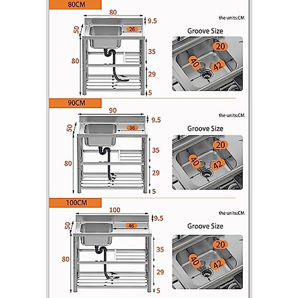 Free Standing Commercial Restaurant Kitchen Sink,Commercial/Industrial Sink,Stainless Steel Utility Sink w/Faucet, Stainless Steel 1 Compartment Utility Sink ( Color : Hot and cold , Size : LEFT_80*50