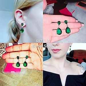 [RIZILIA CELEBOX] Teardrop Dangle Pierced 1.1" Earrings with Pear Cut CZ [Simulated Green Emerald] in White Gold Plated, Celebrity inspired by Angelina Jolie