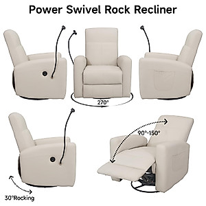 hzlagm Power Swivel Glider Chair Nursery, Swivel Rocker Recliner with USB Ports, Rocking Chair with Microfiber Leather, Waterproof, Living Room, Nursery - Beige