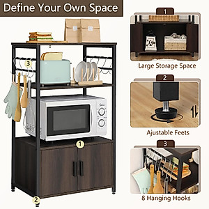 Iwell Baker's Rack, 3 Tiers Coffee Bar with Storage, Microwave Stand, Coffee Station with 8 S-Shaped Hooks, Dark Brown