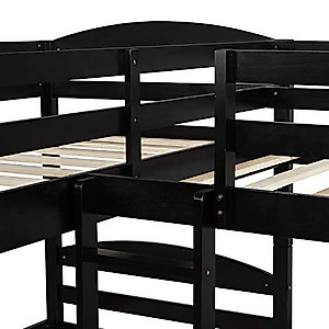 Harper & Bright Designs Quad Bunk Bed with Trundle, L Shaped Bunk Bed for 4 Kids, Wooden Twin Bunk Bed Frame for Kids Teens Adults - Espresso