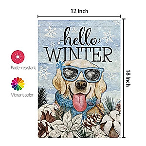 CROWNED BEAUTY Hello Winter Dog Golden Retriever Garden Flag 12x18 Inch Small Double Sided Yard Decorative Holiday Seasonal Outside Welcome Burlap Farmhouse Decoration