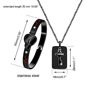 Uloveido Stainless Double Heart Infinity Love Lock Bangle Heartbeat Bracelet and Shield Key Pendant Necklace Couple Set for Men Women Y1891-Black