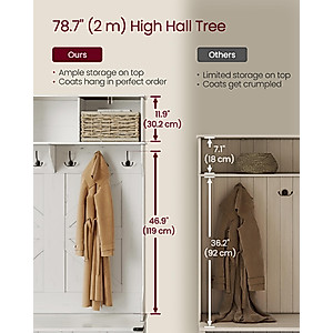 VASAGLE Hall Tree with Bench and Shoe Storage, Coat Rack with Shoe Bench, Entryway Furniture, 16 Open Compartments, 6 Tri-Hooks, Farmhouse Style, Space Saving, Rustic White UHSR427W02