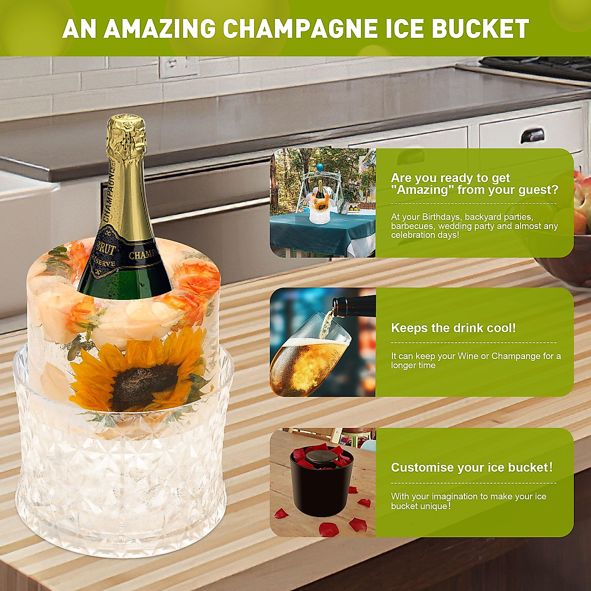 Ice Bucket Mold,Wine Bottle Chiller Ice Molds for Champagne Cocktails,Beer,Fruit Juices Ice Mold/Flowers DIY Decorations Holiday Bar Any Celebration and Party