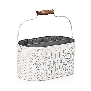 Craftsman Road Distressed White Metal Caddy – Farmhouse Galvanized Kitchen Organizer with Handle – Vintage Rustic Multi-Compartment Holder for Napkins, Plates, Cutlery, Flatware, Cleaning Supplies