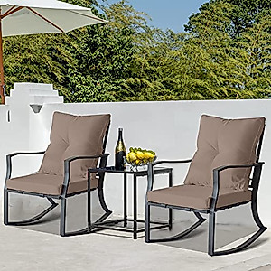 Outdoor Rocking Chair 3 Piece Rocking Bistro Set,Patio Steel Conversation with Glass Coffee Table and Cushions,Patio Outdoor Furniture Porch Chairs for Garden,Balcony, Pool, Backyard (Khaki)