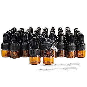 AGENIZ 50PCS Amber Glass Dropper Bottles 1ml Mini Essential Oil Dropper Bottles Glass Vials with Glass Eye Dropper for Travel Sample Vials