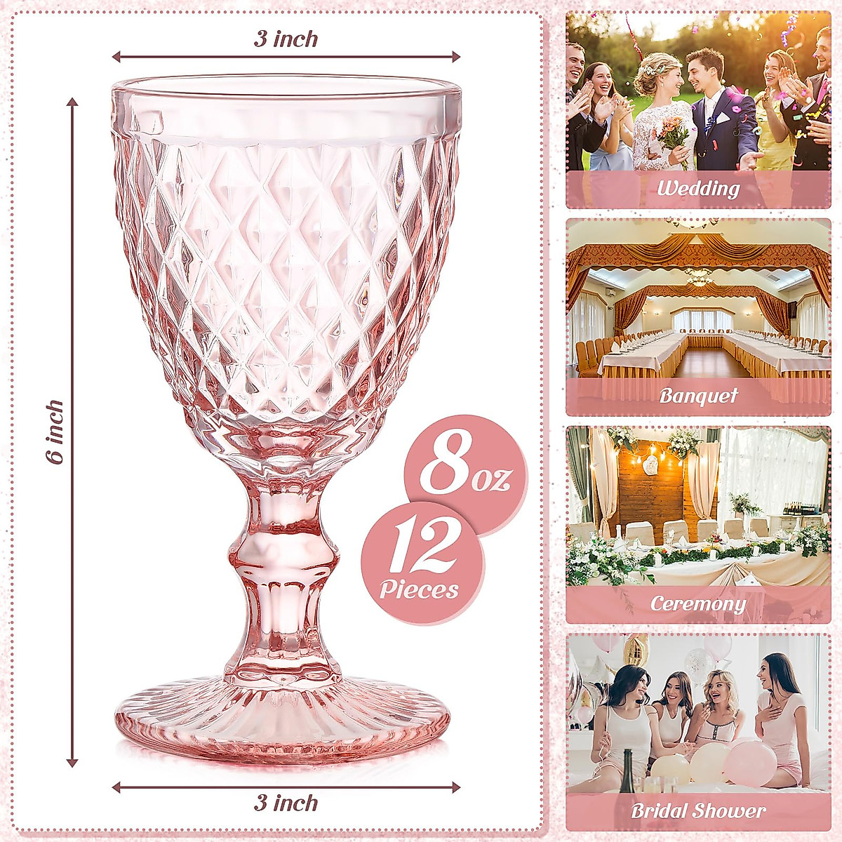 Lallisa Pink Wine Glass Set of 12 Vintage Glassware Goblets Red Wine Glass 8 oz Embossed Drinking Glass with Stem High Clear Stemmed Cups Goblet for Wedding Party Banquet Feast Bar, Daily Use