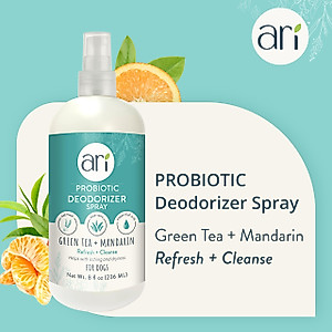 Ari Probiotic Deodorizer Spray for Dogs (8 oz) – Green Tea & Mandarin Scent – pH-Balanced, Long-Lasting Freshness, Sulfate-Free, Gentle for All Breeds