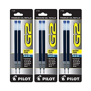 PILOT G2 Gel Ink Pen Refills, Ultra Fine Point, 0.38mm, Blue Ink, 6 Refills
