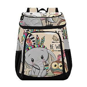 Elephant Owl Feather Cooler Backpack Insulated Leak Proof Lunch Backpack 36 Cans Portable Cooler for Beach Shopping Picnic Camping Hiking Park Trips