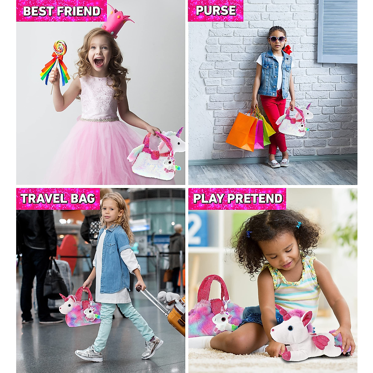 DolliBu Unicorn Bags and Keychain Set of 3-2 Unicorn Stuffed Animal Purse Bags for Girls and 1 Keychain, Removable Unicorns in Sequin and Furry Handbags for Dress Up