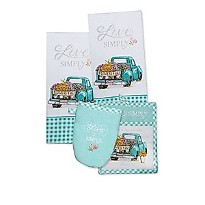 Kay Dee Designs Flower Truck Teal Blue Live Simply Kitchen Terry Towels, Potholder, Oven Mitt and Rustic Bottle Opener Set of 5