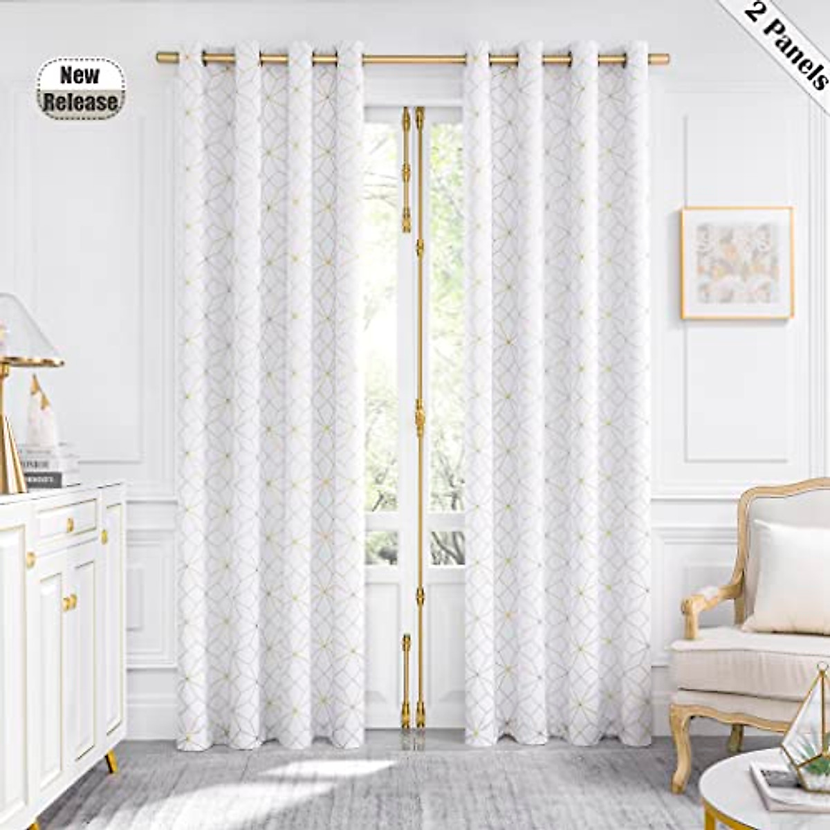 Beauoop Metallic GEO Blackout Window Curtain Panels Thermal Insulated Light Blocking Trellis Moroccan Drapes for Bedroom Living Room Diamond Grommet Window Treatment, Set of 2, 50" x 84", White/Gold
