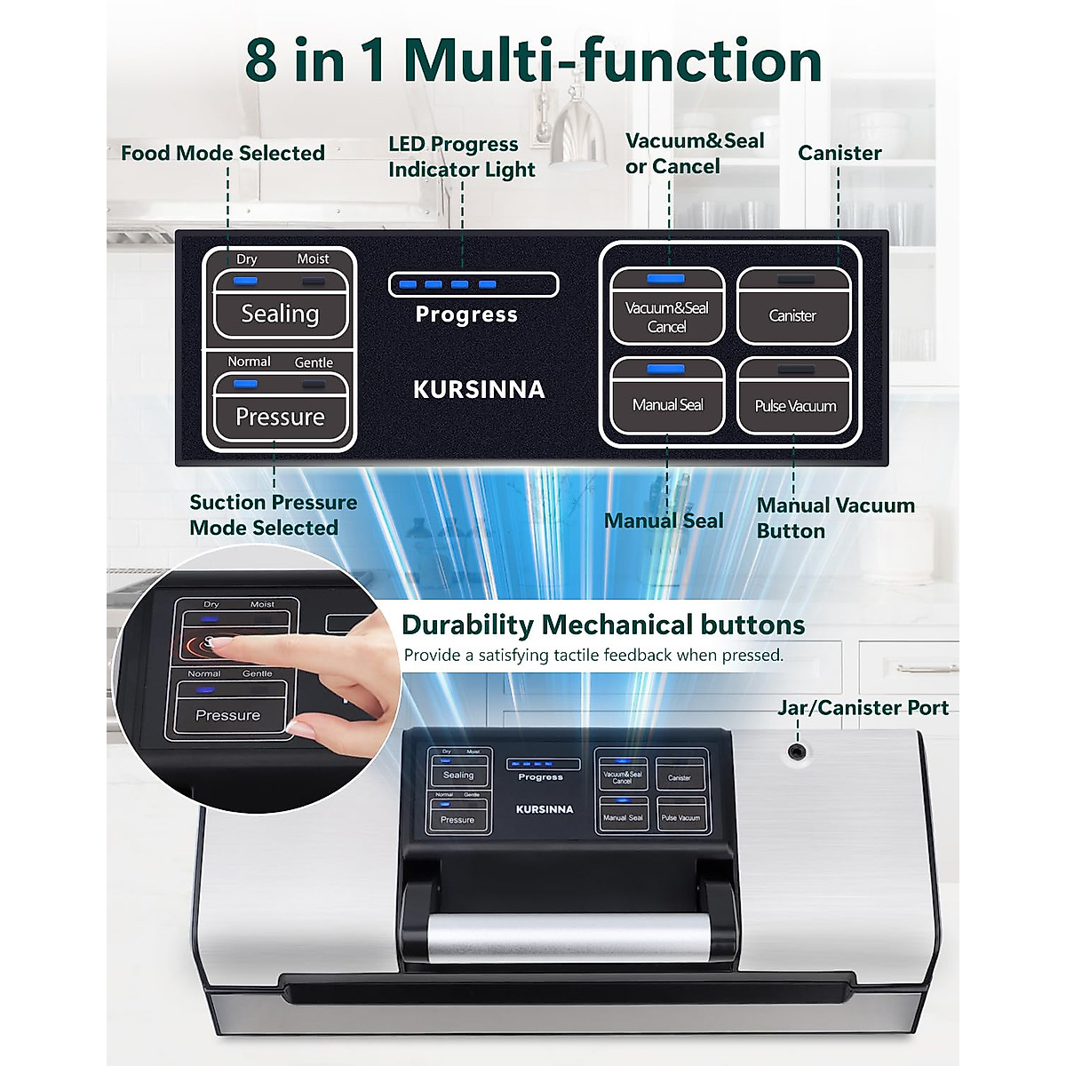 KURSINNA Automatic Vacuum Sealer Machine, 8 in 1 Multi-function Dry/Moist Modes For Food Preservation, Powerful Food Sealer with Built-in Cutter and Bag Storage | VS5738
