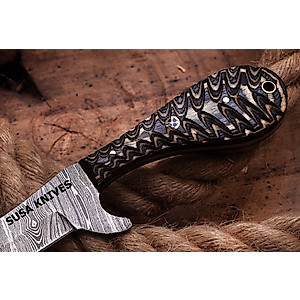 SUSA KNIVES Handmade Damascus Steel Bull Cutter Knife, Cowboy Fixed Blade knife, Wood Handle, EDC Knife PANCAKE Leather Sheath Gift For Men