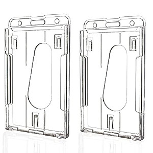 Teskyer Hard Plastic Badge Holder, Clear ID Badge Name Card Holder with Easy Access Thumb Slot, Holding 2 Cards, Vertical Style, 2 Pack