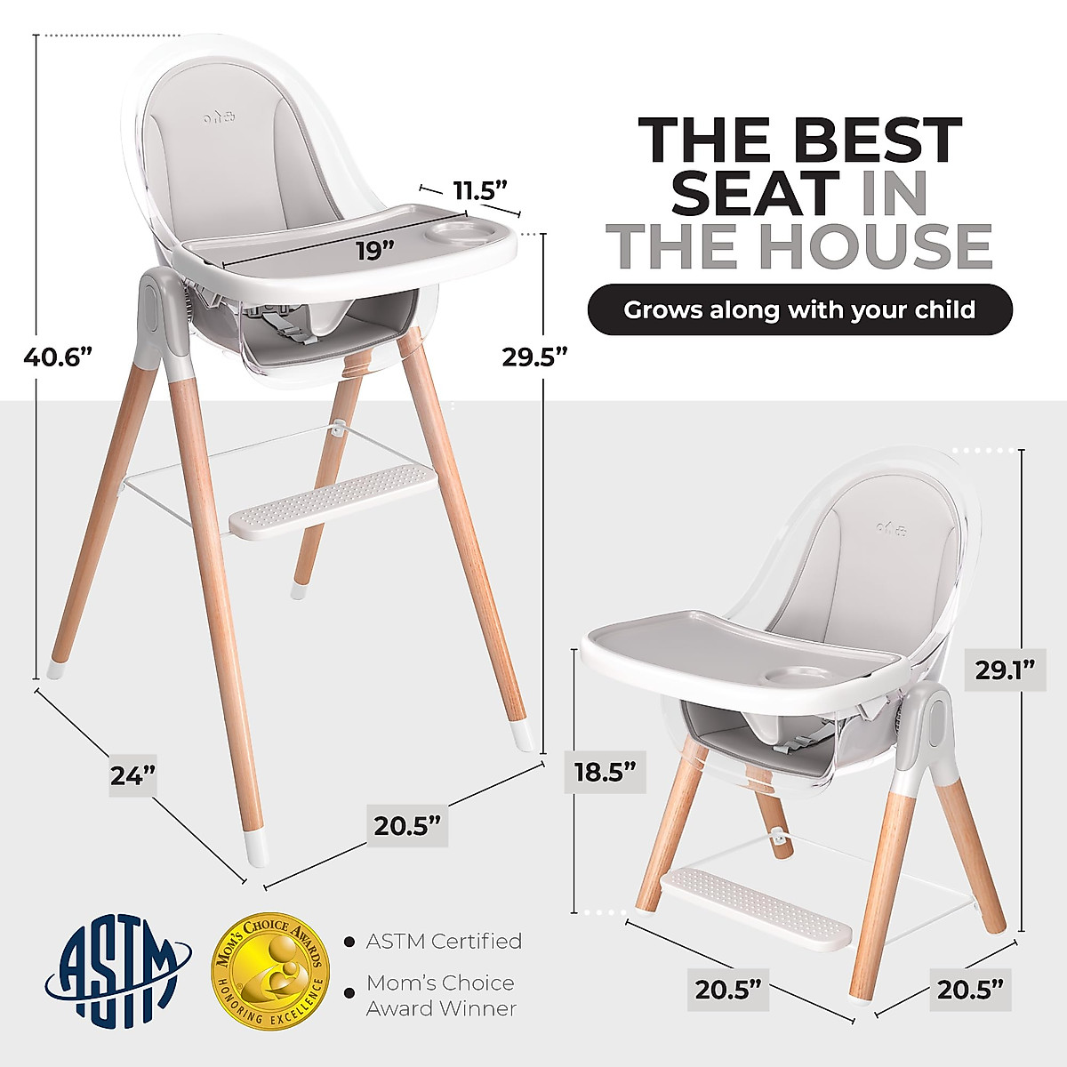 High Chair by Children Of Design Non-Reclinable 6 in 1 Baby Highchair for Babies and Toddlers, Modern Wooden, Easy to Clean, Removable Tray and Cushion