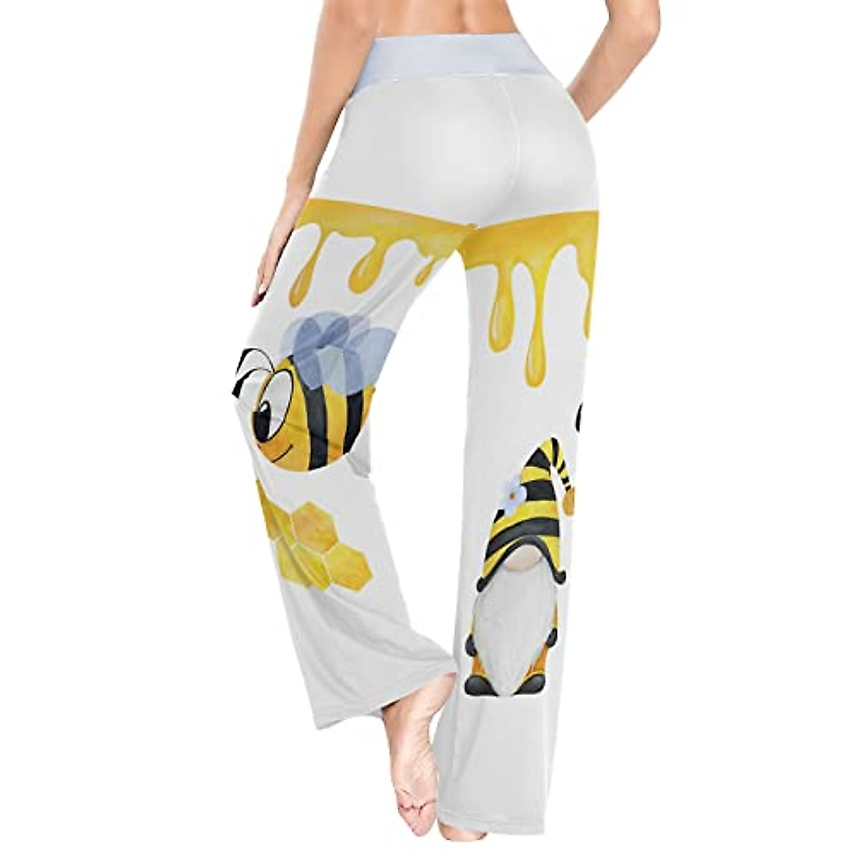 Yellow Flying Bee Dressed Up Gnome Honeycomb on White Pajama Lounge Pants Drawstring Stretch Pants Wide Leg(L)