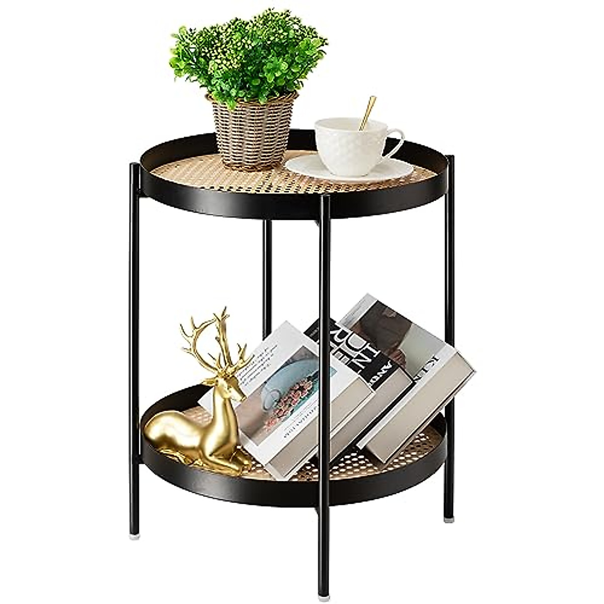 danpinera Black Side Table, 2 Tier Removable Tray Imitation Rattan Table for Living Room, Small Round Table for Bedroom, Small Metal Table for Nightstand 20.47 Inch x 16.54 Inch