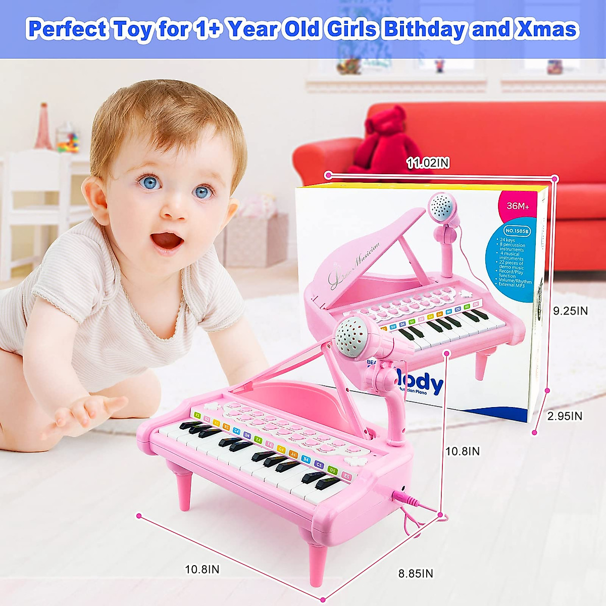 Litaonner Pink Piano Toys for 1+ Year Old Girls Gifts - 24 Keys Toddler Piano Keyboard Musical with Microphone, Kids Piano Toys for 2 Year Old Girls Birthday and Xmas Gift