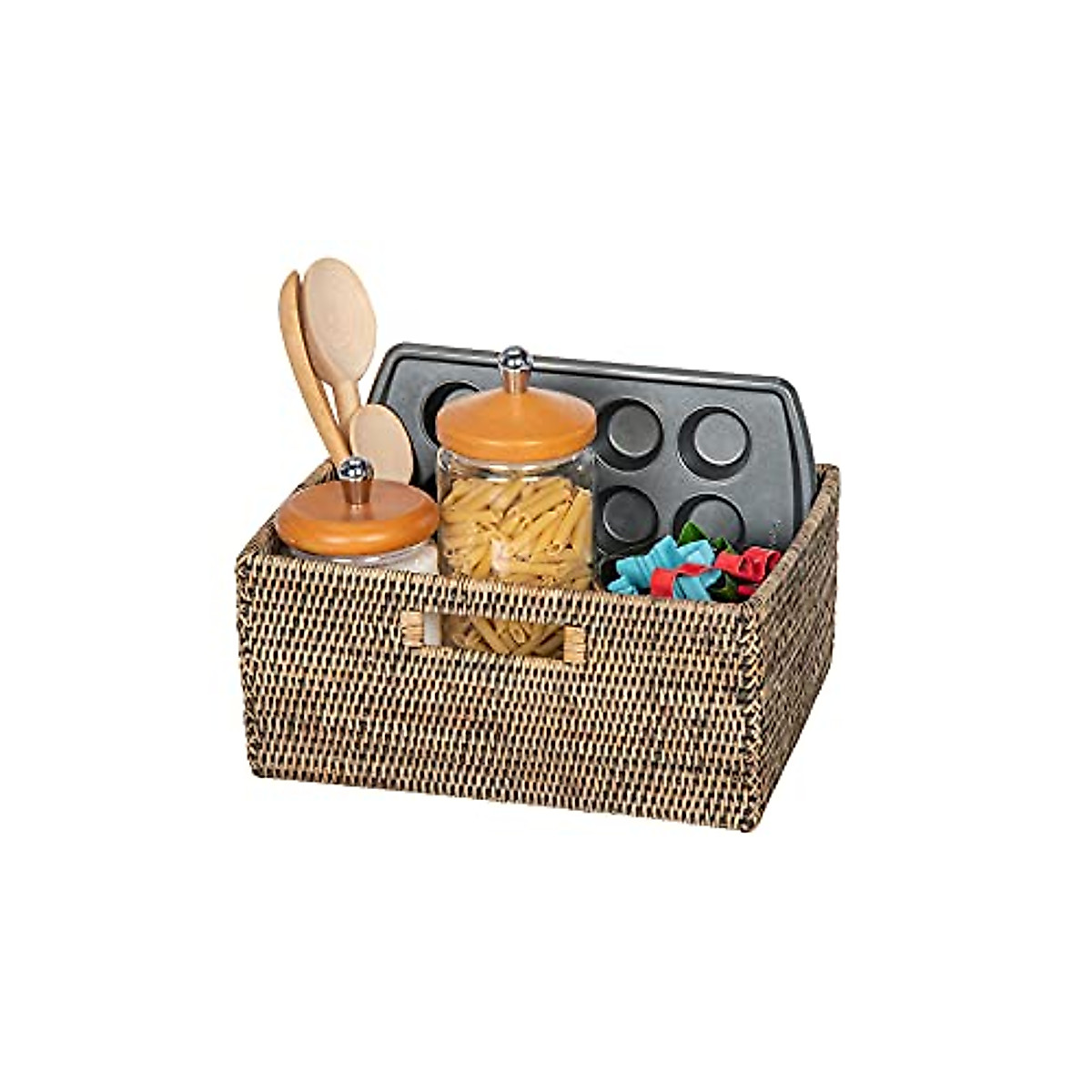 La Jolla Rattan Shelf Basket with Handles, Medium, Black-Wash