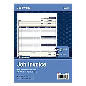 Adams Job Invoice Forms, 2-Part Carbonless, For Service and Repair Billing, 100 Individual Sets Per Pack (NC2817), White, 8-1/2 x 11Inches