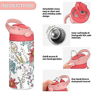 GOODOLD Chic Floral Pattern Kids Water Bottle, Insulated Stainless Steel Water Bottles with Straw Lid, 12 oz BPA-Free Leakproof Duck Mouth Thermos for Boys Girls