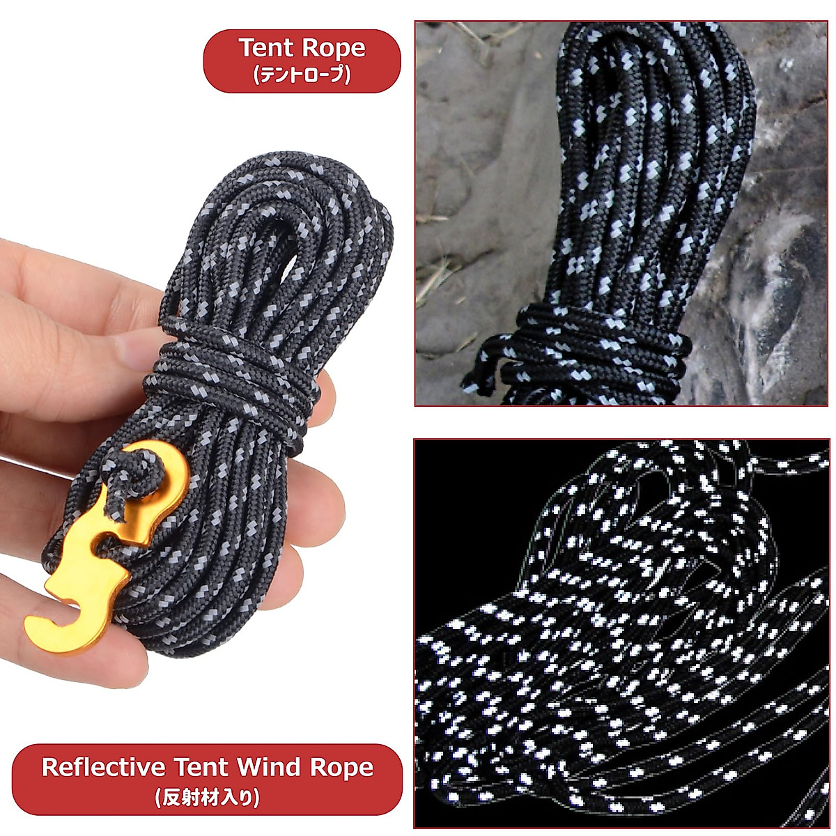 Azarxis Reflective Cord Pack, Tent Guyline Rope High-Strength Lightweight 13ft per piece with Aluminum Cord Adjuster for Tying Down Tarps, Camping Tent, Outdoor Packaging (Red - 8 Pack - Φ3mm)