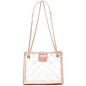 Stadium Concert Vegan Leather Transparent Clear Tote Bag Satchel Crossbody Purse Handbag (Chain 2 Way Square Tote - Pink)