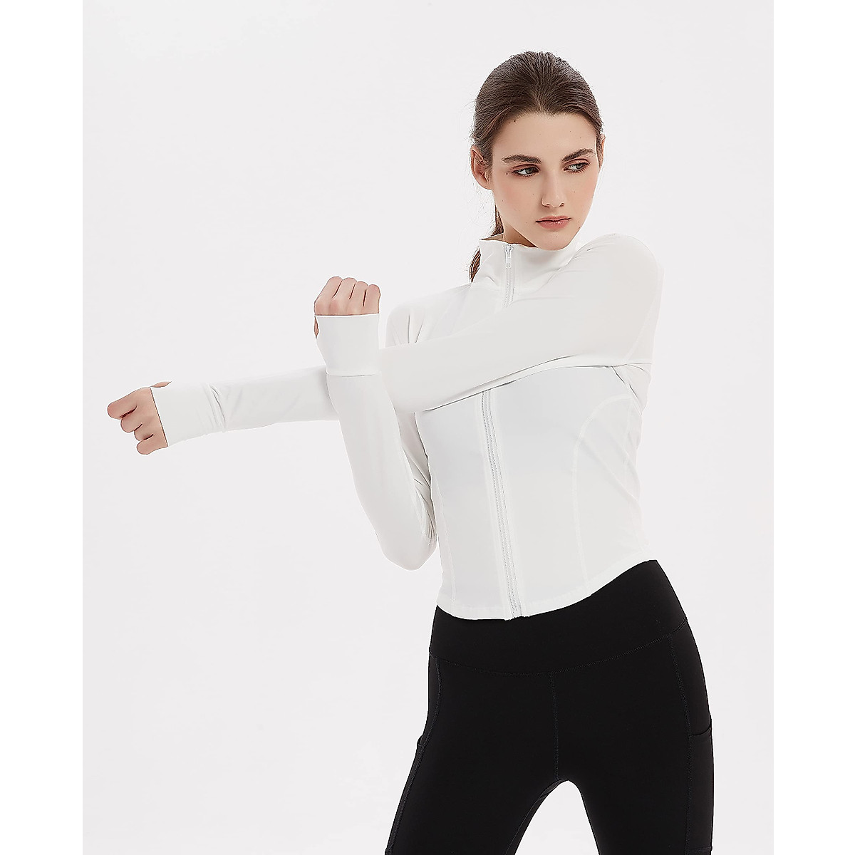 Gihuo Women's Athletic Full Zip Lightweight Workout Jacket Cropped Gym Yoga Track Jacket with Thumb Holes (White, Medium)