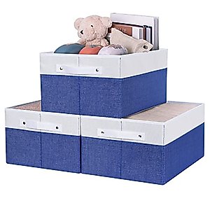 Livememory Storage Baskets for Shelves, Decorative Rectangle Storage Bins for Closet Organization Foldable Storage Baskets for Organizing, Navy Blue & White, 3-Pack