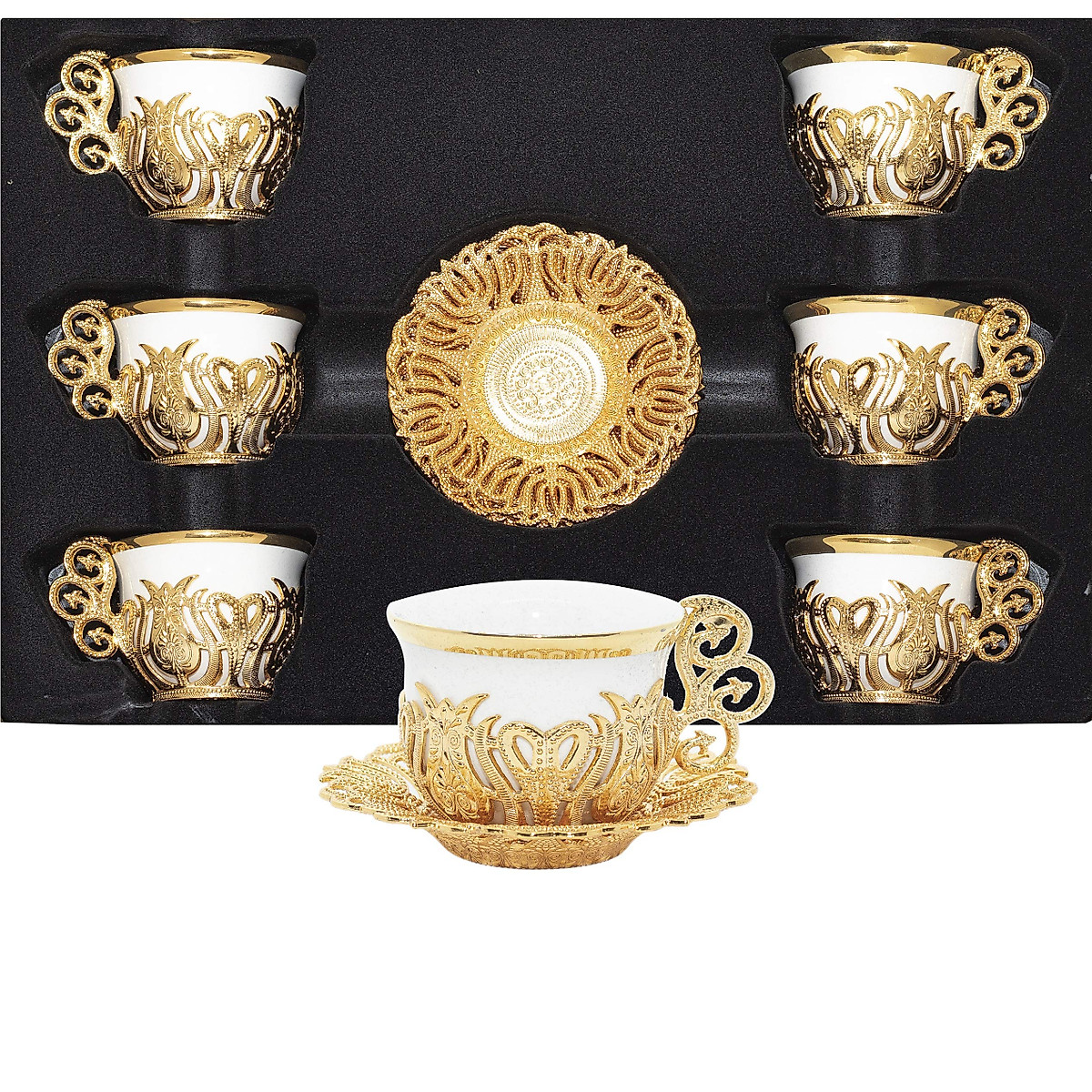 Alisveristime Turkish Coffee Cup Set, White Porcelain and Zinc Metal with Turkish Motifs, 6 Cups and Saucers (Gold)